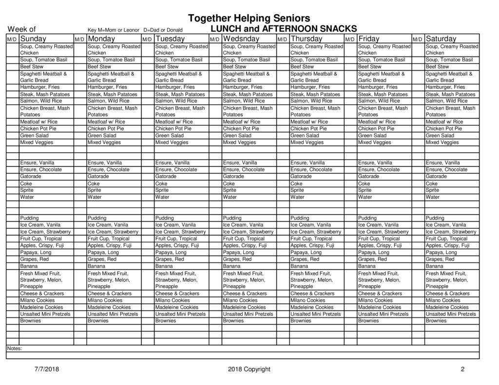 Meal Menu – Together Helping Seniors